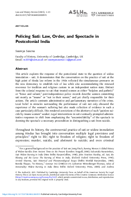 (PDF) Policing Widow Immolation in Postcolonial India