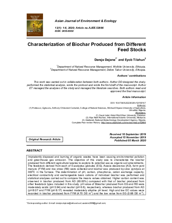 (PDF) Characterization of Biochar Produced from Different Feed Stocks