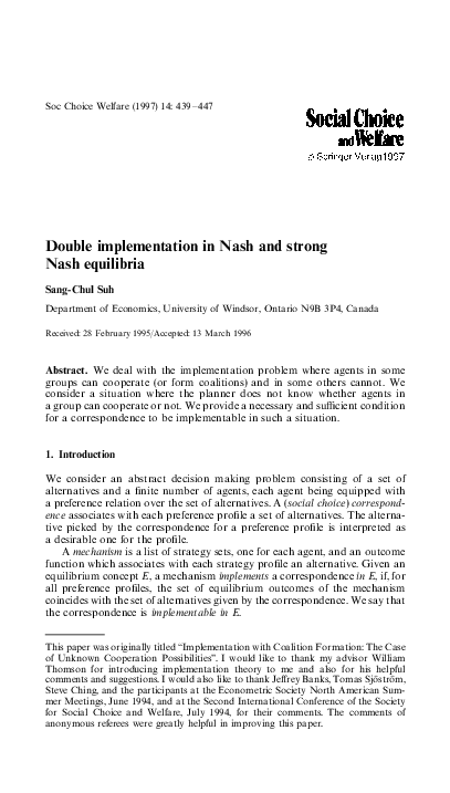 (PDF) Double implementation in Nash and strong Nash equilibria