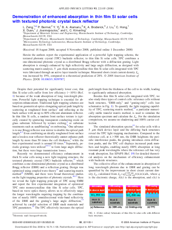(PDF) Demonstration of enhanced absorption in thin film Si solar cells ...