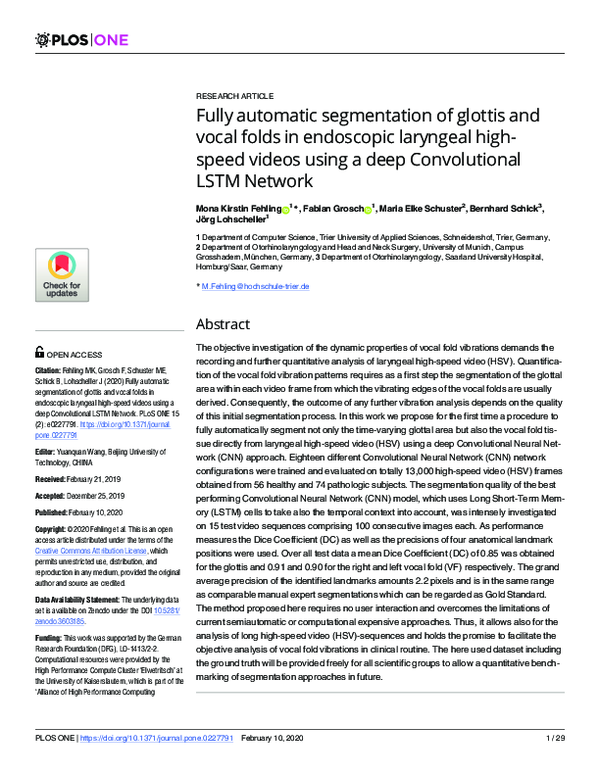(PDF) Fully automatic segmentation of glottis and vocal folds in endoscopic laryngeal high-speed ...