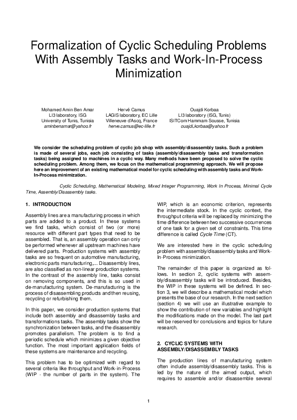 Pdf Formalization Of Cyclic Scheduling Problems With Assembly Tasks