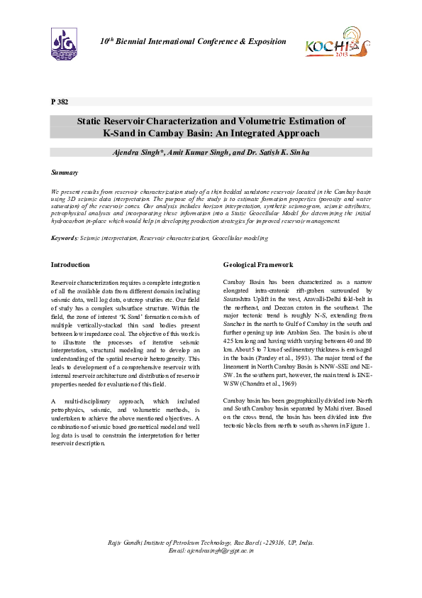 (PDF) Static Reservoir Characterization and Volumetric Estimation of K-Sand in Cambay Basin : An ...