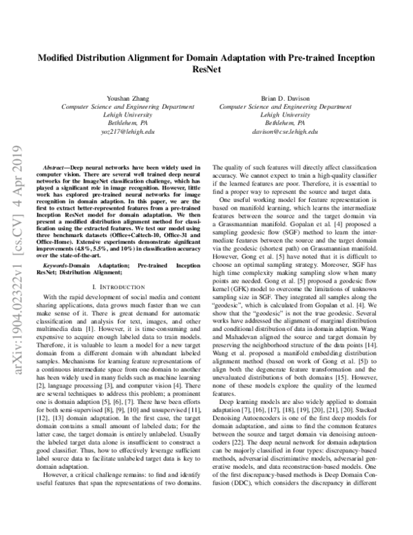 (PDF) Modified Distribution Alignment for Domain Adaptation with Pre-trained Inception ResNet