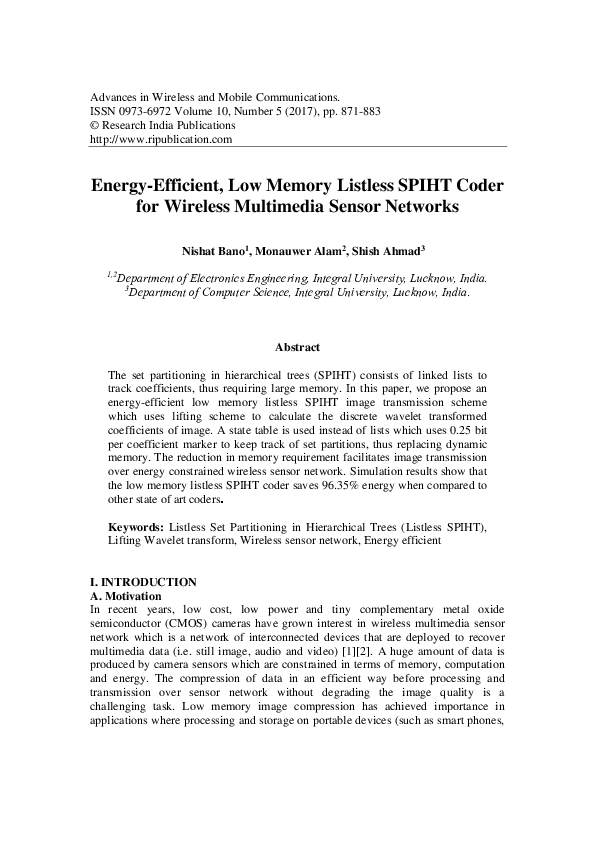 (PDF) Energy-Efficient, Low Memory Listless SPIHT Coder for Wireless Multimedia Sensor Networks ...