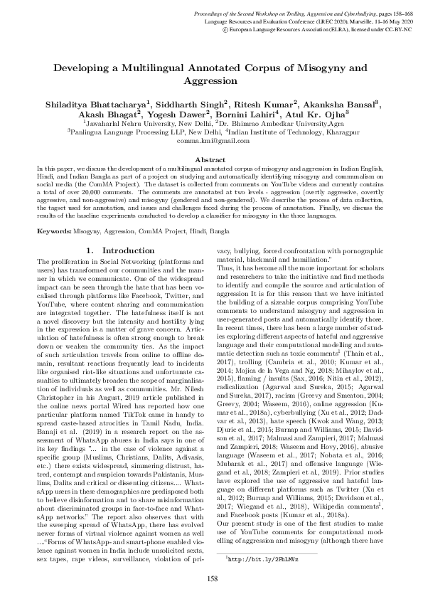 (PDF) Developing a Multilingual Annotated Corpus of Misogyny and Aggression | Yogesh Dawer ...