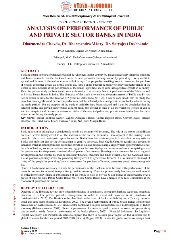 (PDF) Analysis of Performance of Public and Private Sector Banks in India