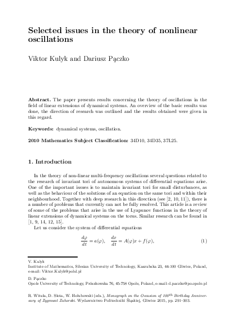 (PDF) Selected issues in the theory of nonlinear oscillations