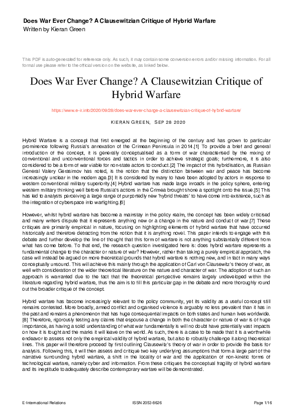(PDF) Does War Ever Change? A Clausewitzian Critique of Hybrid Warfare