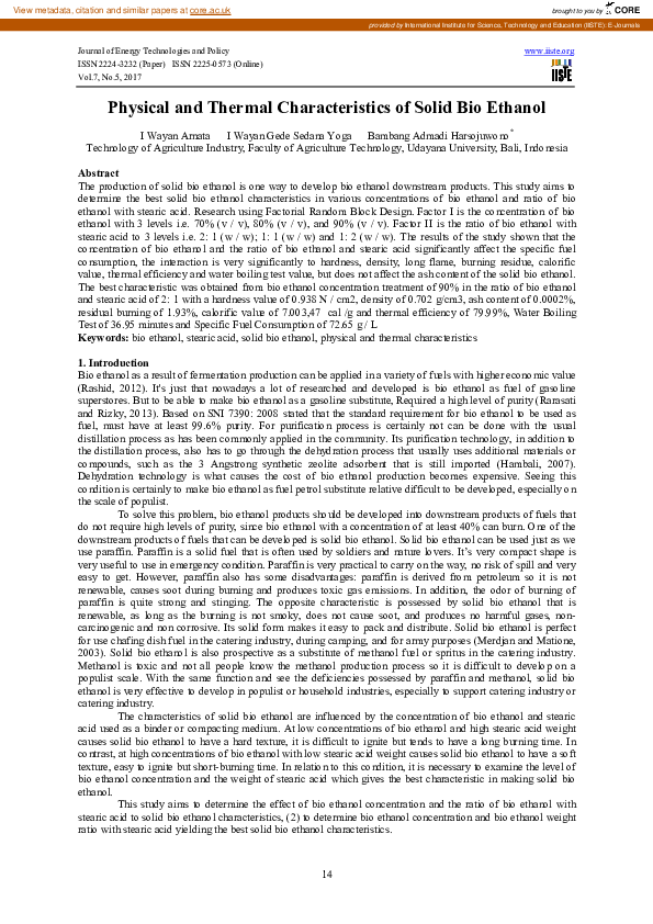 (PDF) Physical and Thermal Characteristics of Solid Bio Ethanol