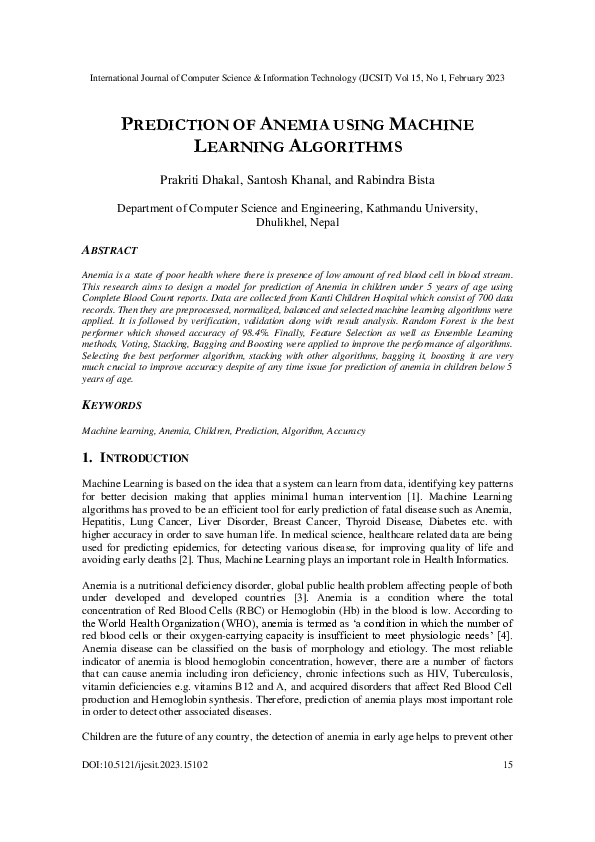 Pdf Prediction Of Anemia Using Machine Learning Algorithms