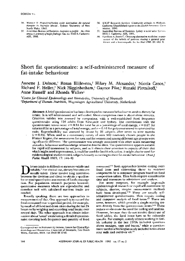 (PDF) Short fat questionnaire: a self-administered measure of fat ...