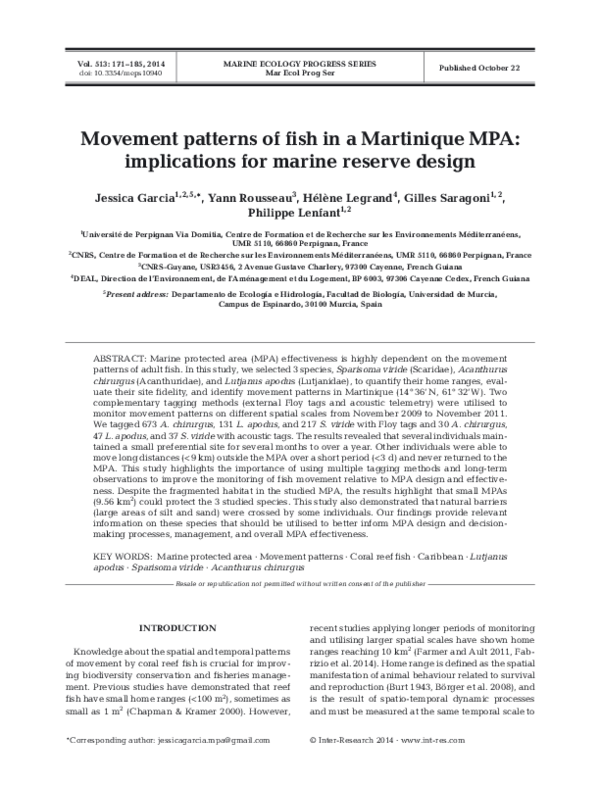 (PDF) Movement patterns of fish in a Martinique MPA: implications for ...
