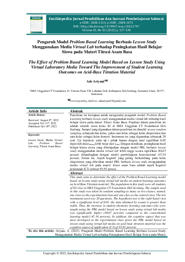 (PDF) Pengaruh Model Problem Based Learning Berbasis Lesson Study ...