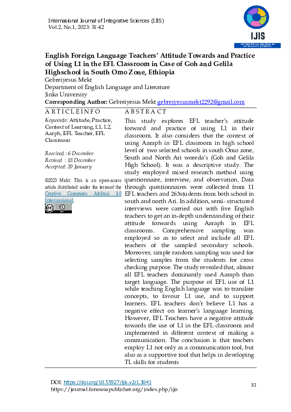 (PDF) English Foreign Language Teachers’ Attitude Towards and Practice of Using L1 in the EFL ...