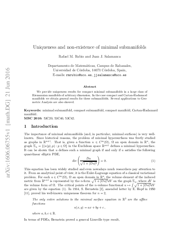 (PDF) Uniqueness and non-existence of minimal submanifolds