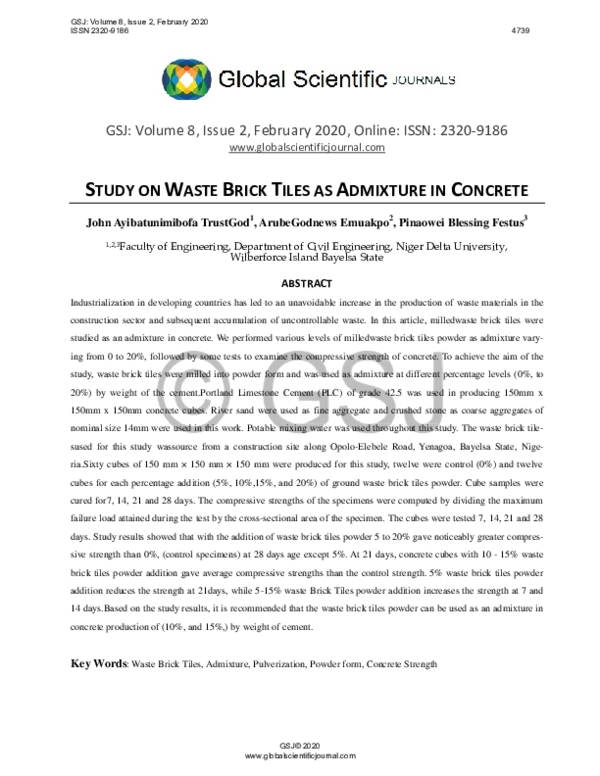 (PDF) Study on Waste Brick Tiles as Admixture in Concrete
