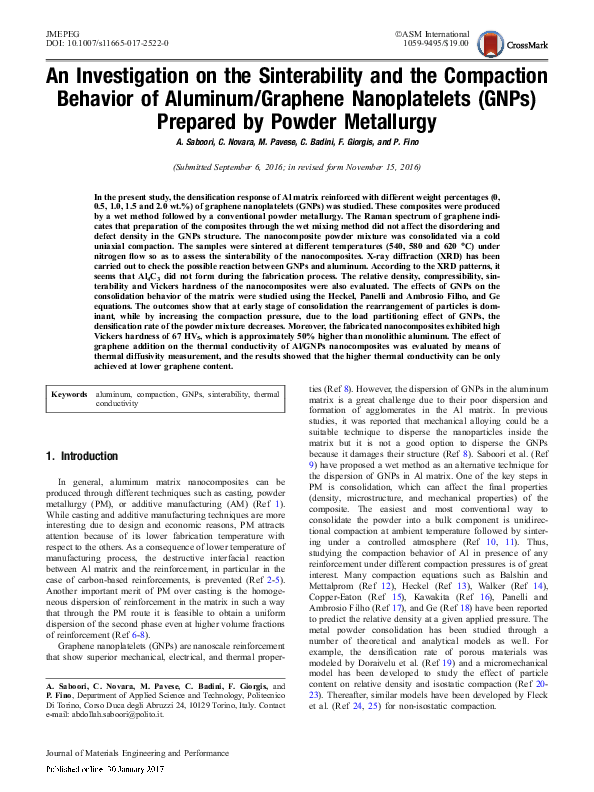 (PDF) An Investigation on the Sinterability and the Compaction Behavior of Aluminum/Graphene ...
