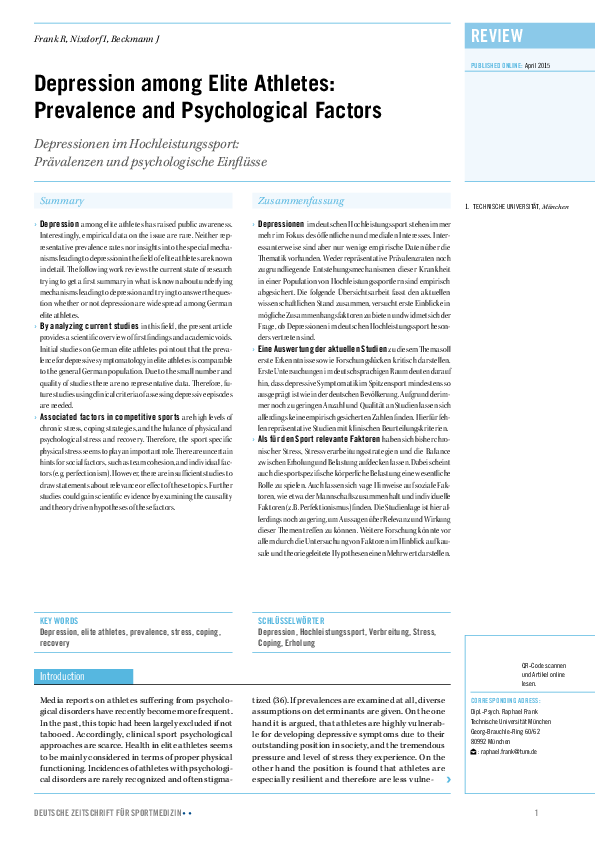 (PDF) Depression among Elite Athletes: Prevalence and Psychological Factors