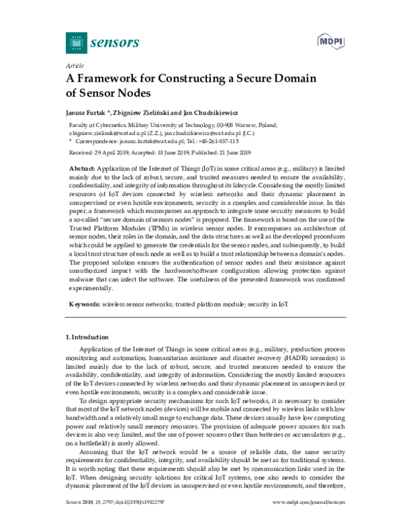 Pdf A Framework For Constructing A Secure Domain Of Sensor Nodes Zbigniew Zielinski