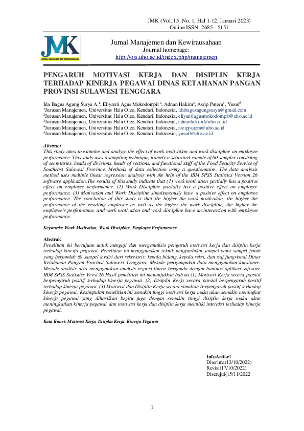 (PDF) Pengaruh Motivasi Kerja Dan Disiplin Kerja Terhadap Kinerja Pegawai Dinas Ketahanan Pangan ...