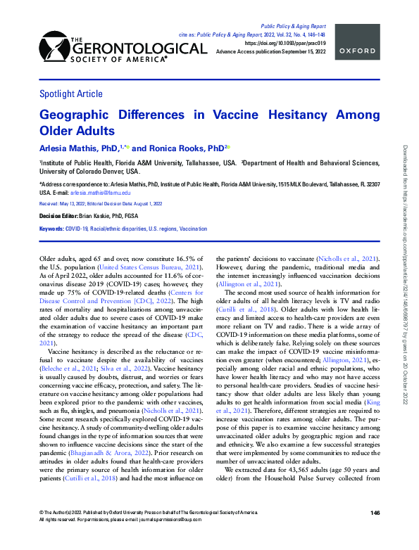 (PDF) Geographic Differences in Vaccine Hesitancy Among Older Adults ...