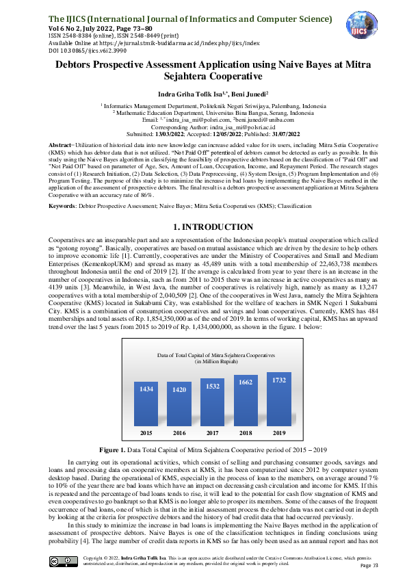 (PDF) Debtors Prospective Assessment Application using Naive Bayes at Mitra Sejahtera Cooperative