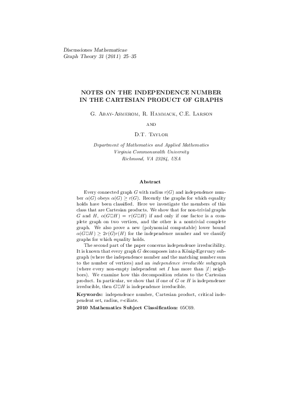 (PDF) Notes on the independence number in the Cartesian product of graphs
