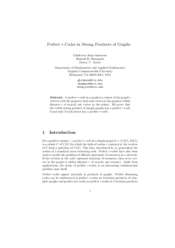 (PDF) Perfect r-Codes in Strong Products of Graphs