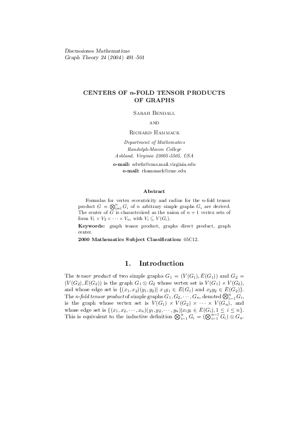 Pdf Centers Of N Fold Tensor Products Of Graphs