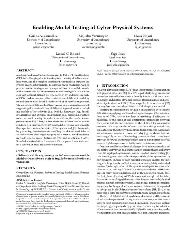 Pdf Enabling Model Testing Of Cyber Physical Systems