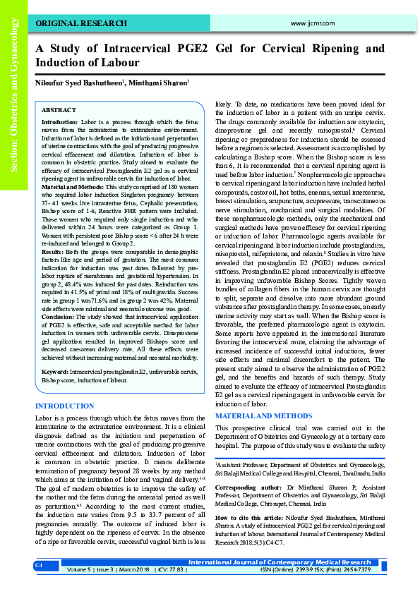 (PDF) A Study of Intracervical PGE2 Gel for Cervical Ripening and ...