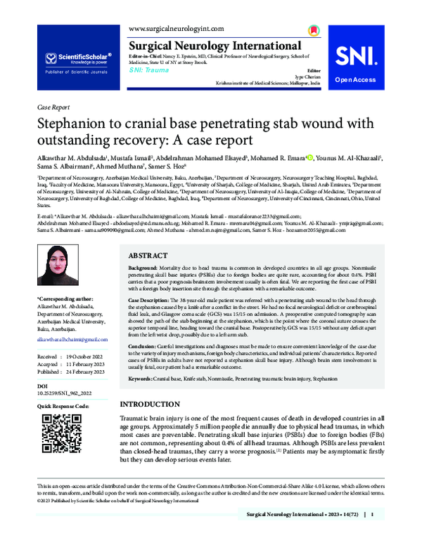 (PDF) Stephanion to cranial base penetrating stab wound with ...