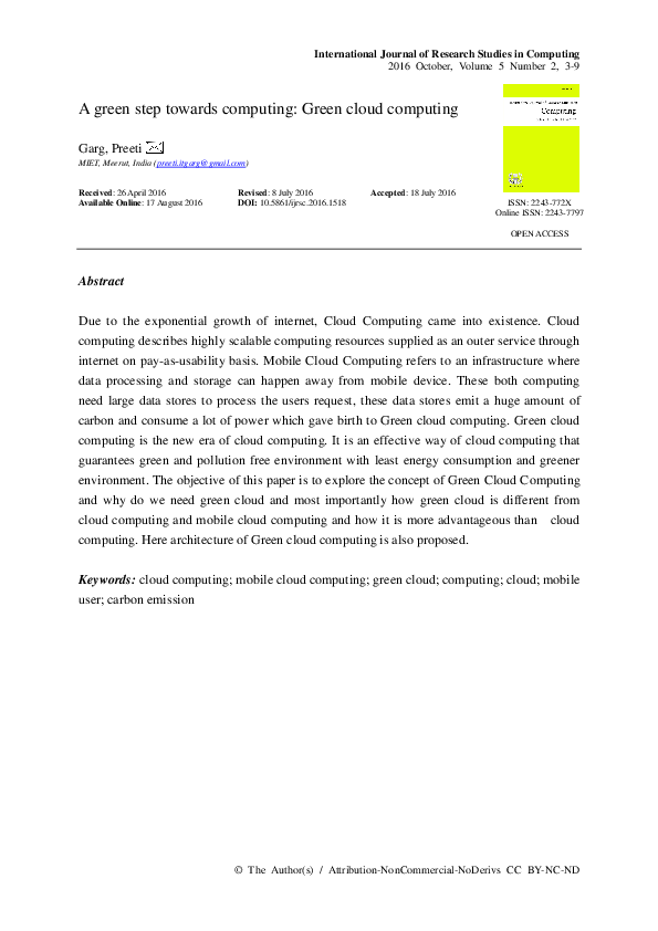 Pdf A Green Step Towards Computing Green Cloud Computing