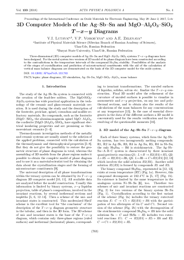 (PDF) 3D Computer Models of the Ag-Sb-Sn and MgO-Al2O3-SiO2 T-x-y Diagrams