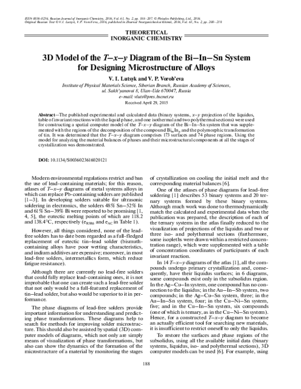 Pdf 3d Model Of The T X Y Diagram Of The Bi In Sn System For Designing Microstructure Of Alloys