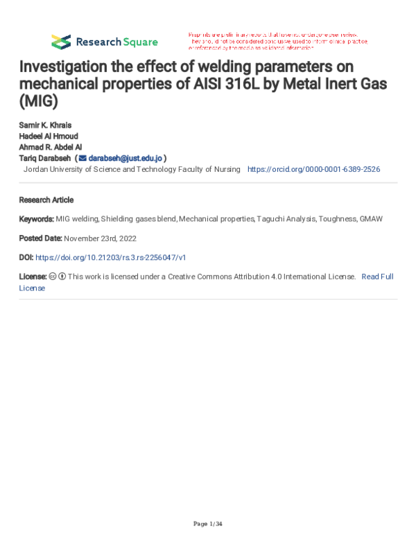 (PDF) Investigation the effect of welding parameters on mechanical properties of AISI 316L by ...