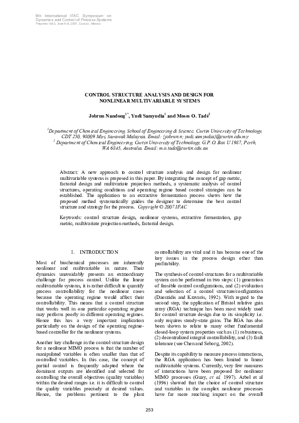 (PDF) Control Structure Analysis and Design for Nonlinear Multivariable Systems