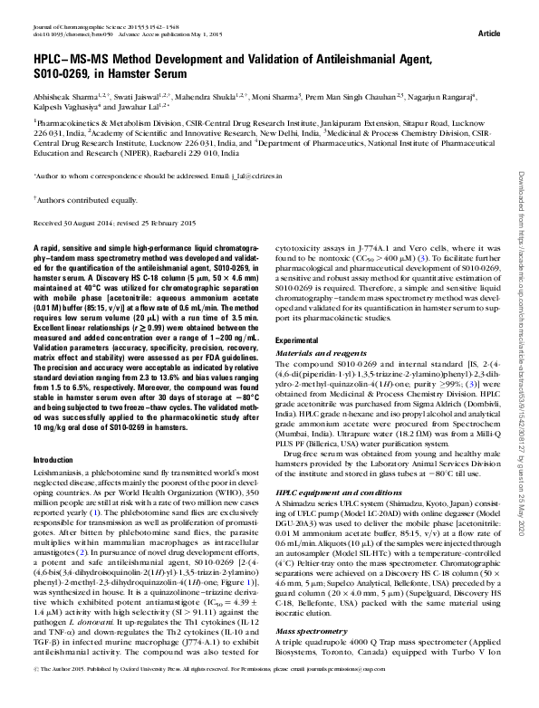 (PDF) HPLC-MS-MS Method Development and Validation of Antileishmanial Agent, S010-0269, in ...