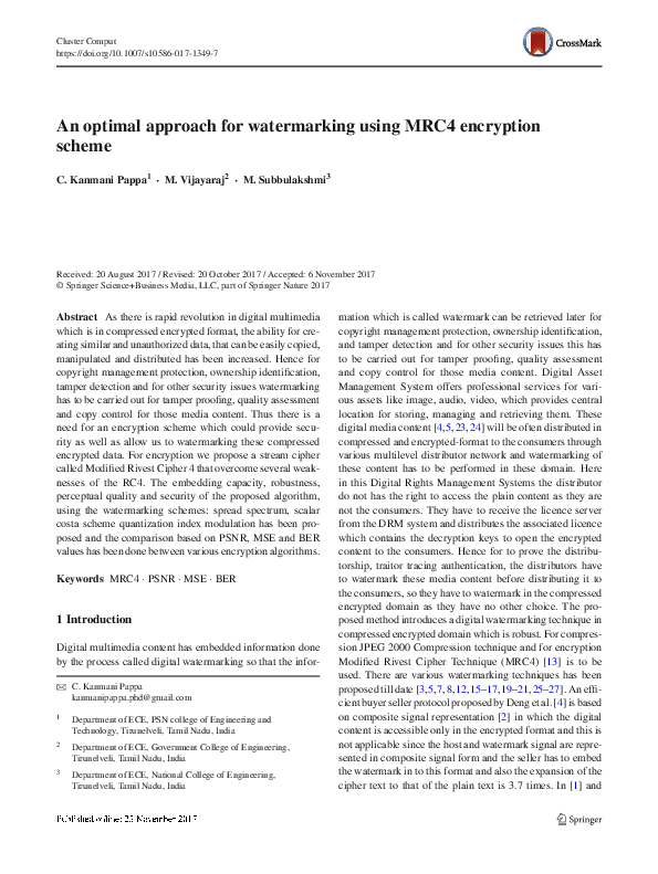 (PDF) An optimal approach for watermarking using MRC4 encryption scheme