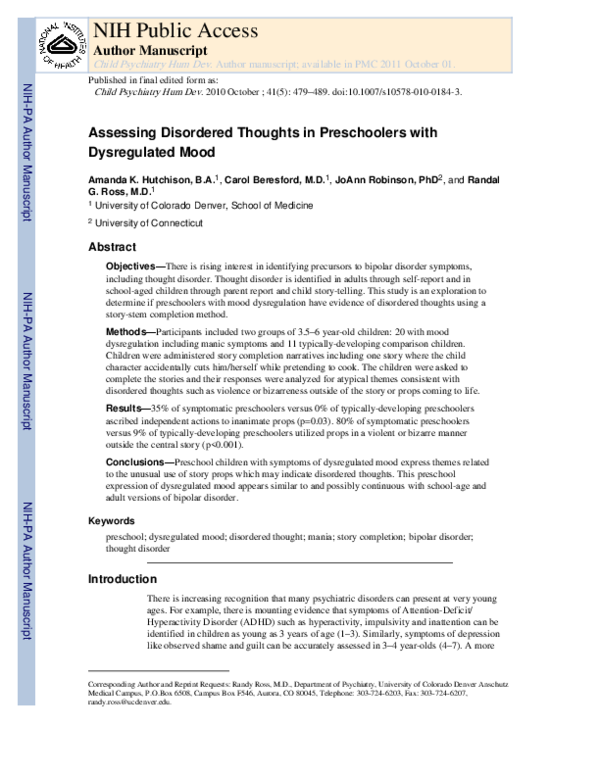 (PDF) Assessing Disordered Thoughts in Preschoolers with Dysregulated Mood