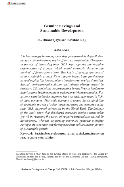 (PDF) Genuine Savings and Sustainable Development