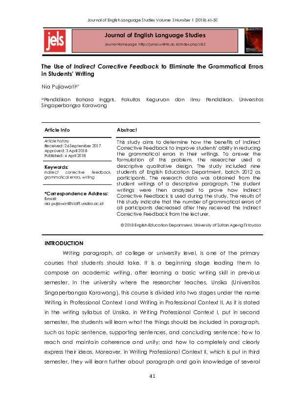 (PDF) The Use of Indirect Corrective Feedback to Eliminate the Grammatical Errors in Students ...