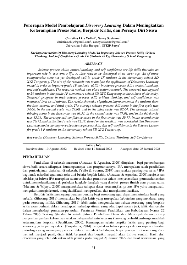(PDF) Penerapan Model Pembelajaran Discovery Learning Dalam Meningkatkan Keterampilan Proses ...