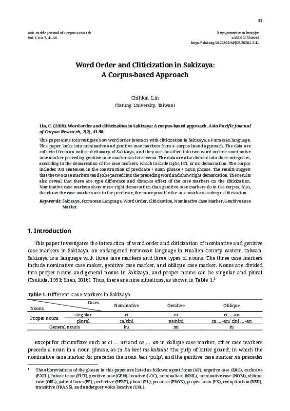 (PDF) Word Order and Cliticization in Sakizaya: A Corpus-based Approach