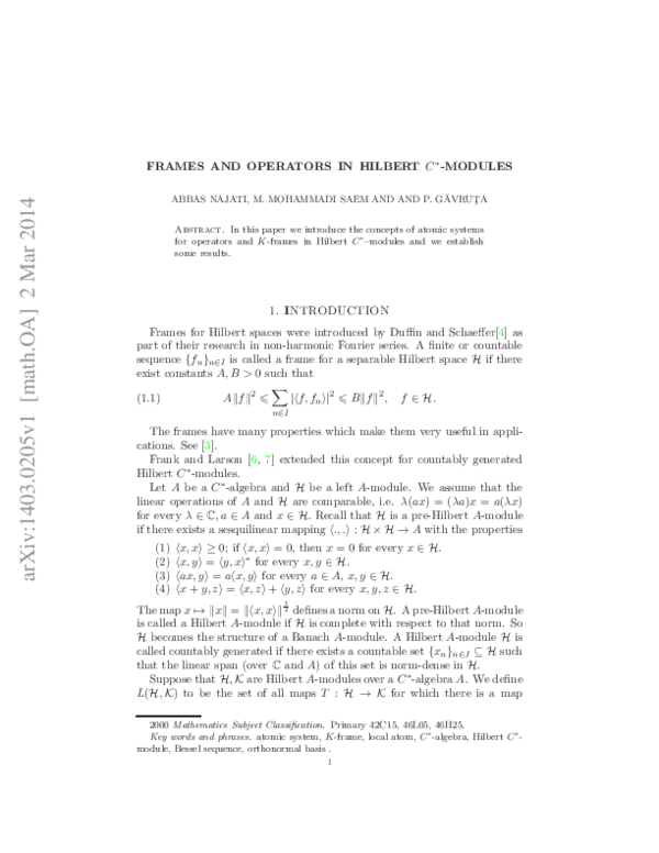 Pdf Frames And Operators In Hilbert C Modules