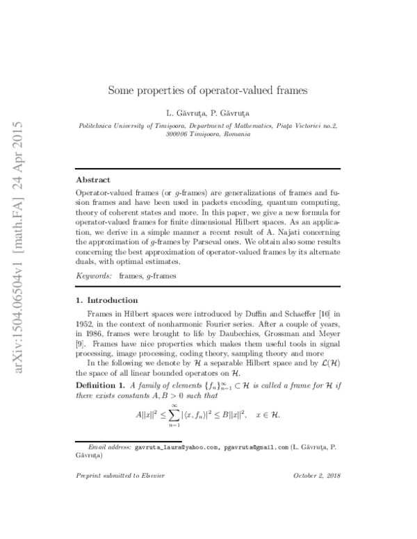 (PDF) Some properties of operator-valued frames