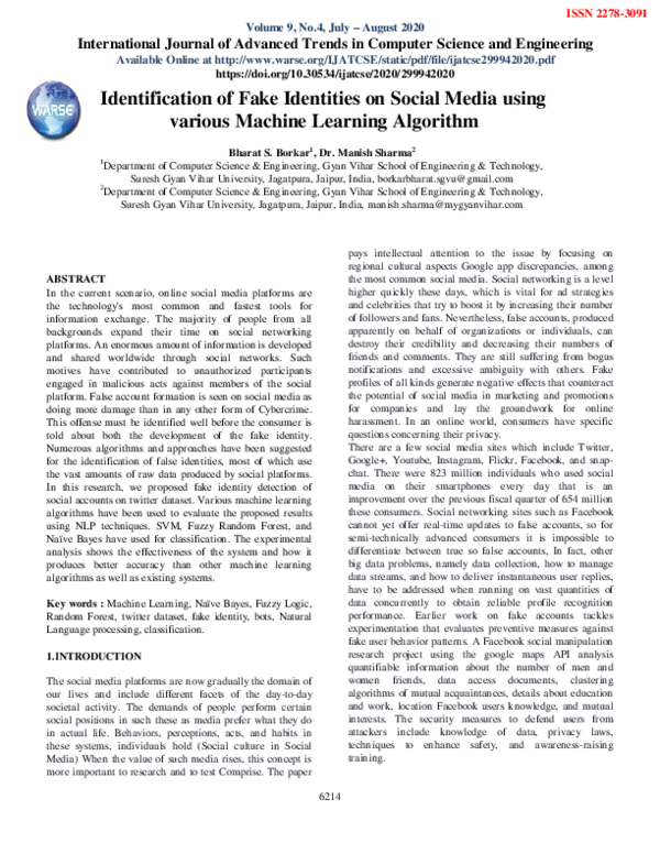 (PDF) Identification of Fake Identities on Social Media using various ...