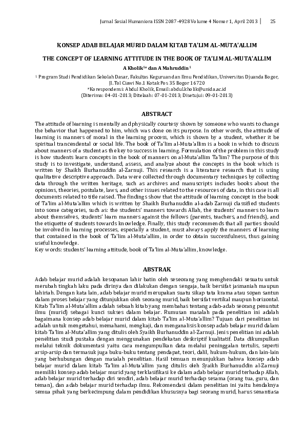 (PDF) Konsep Adab Belajar Murid Dalam Kitab Ta’Lim Al-Muta’Allim