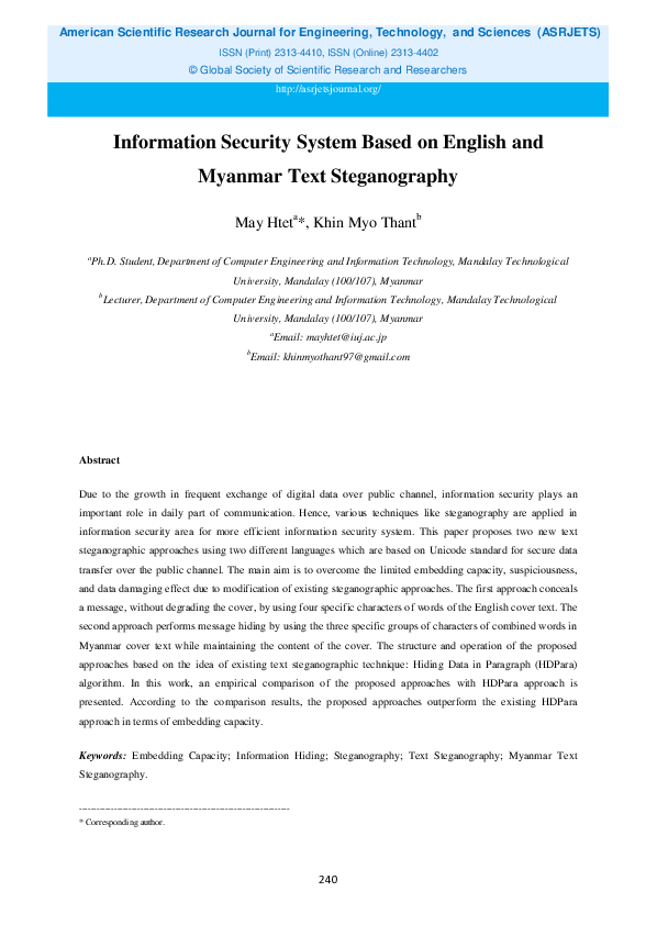 (PDF) Information Security System Based on English and Myanmar Text Steganography